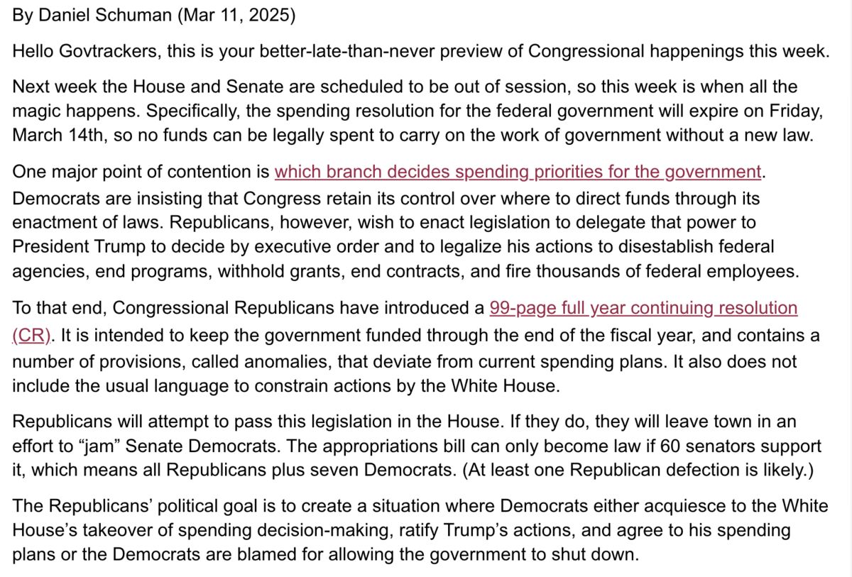 The Politics of Continuing Resolutions: MY COMMENT: The following is a ...