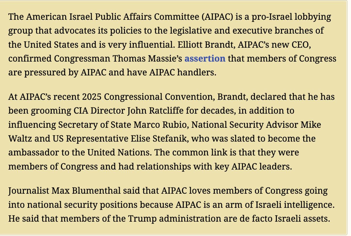 Elliott Brandt, CEO of the AIPAC Israel Lobby, Confirms Rep. Massie’s ...